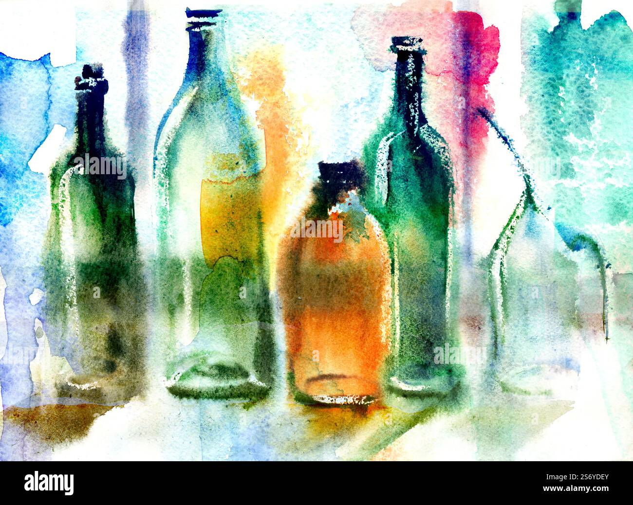 Colorful still life of various bottles. Wet-in-Wet watercolor technique ...