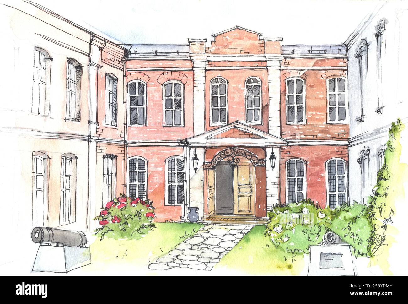 Watercolor and pen drawing of an old mansion in the style of classicism ...