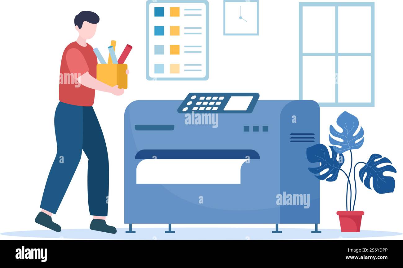 Print Shop Illustration with Production Process at Printing House and ...