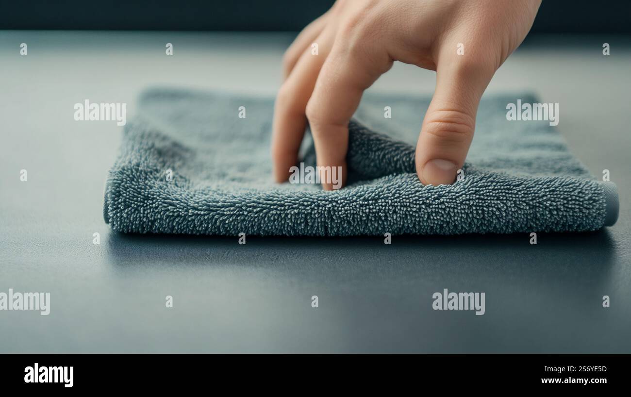 Close-up of a human hand meticulously cleaning a delicate surface with ...