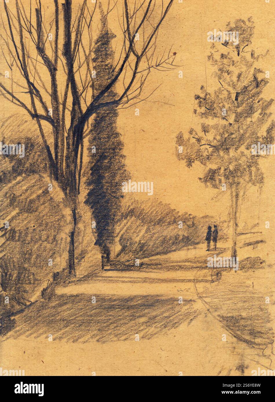 Landscape with a couple walking on a path in the Park. Pencil drawing ...