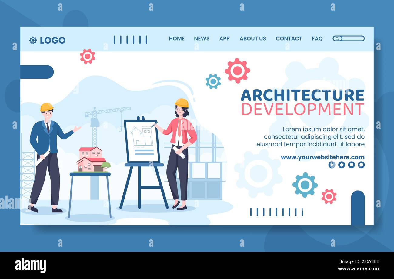 Architect or Engineer Social Media Landing Page Template Flat Cartoon ...