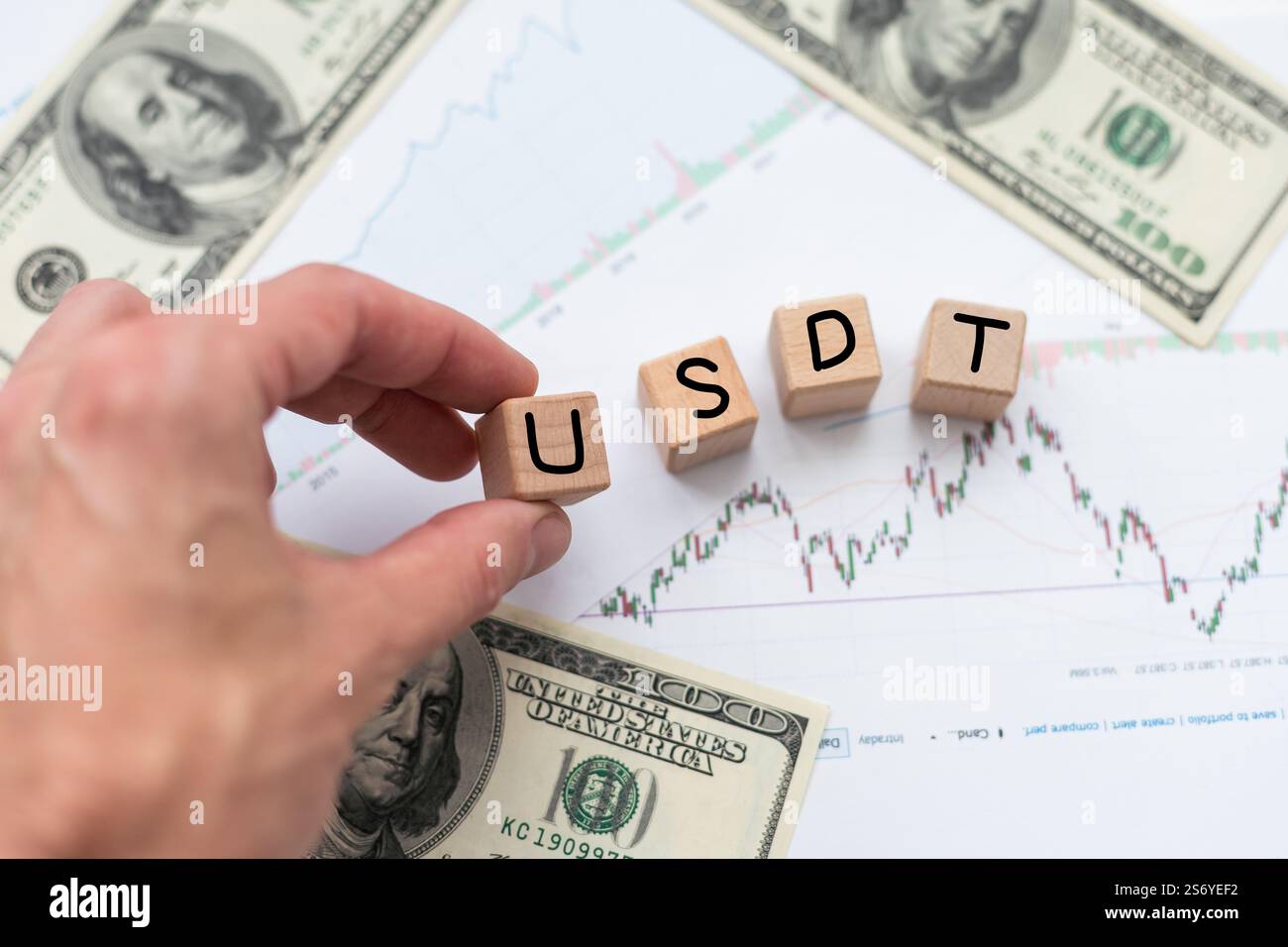 Calculator, money banknotes and square letters with text USD Stock ...