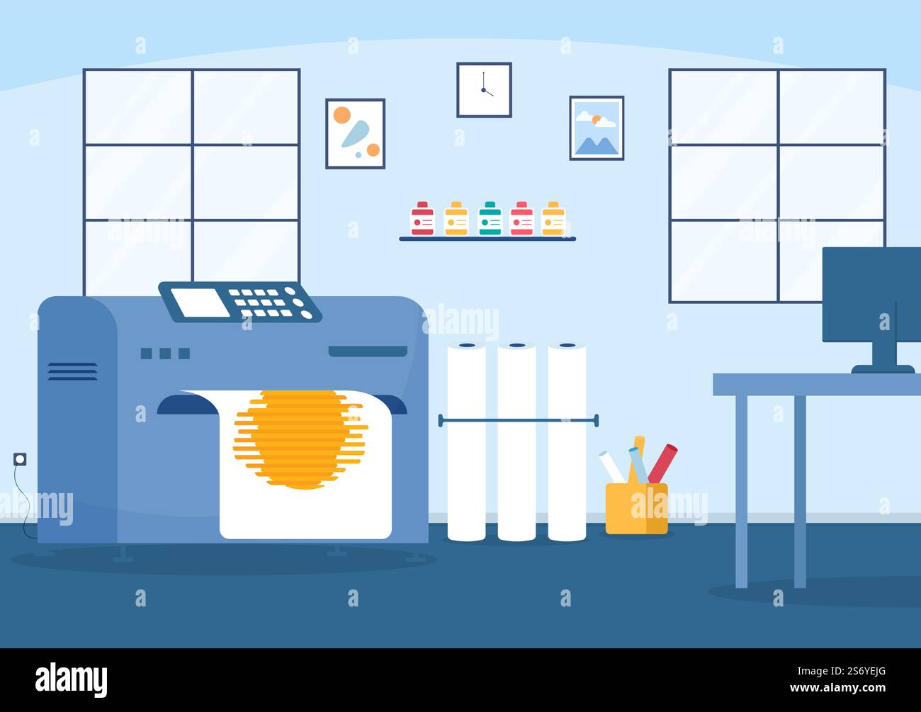 Print Shop Illustration with Production Process at Printing House and ...