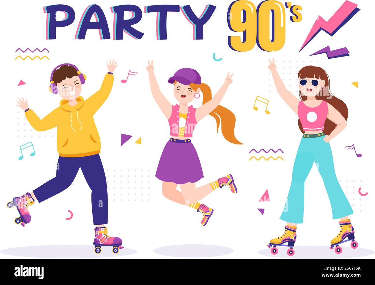 90s Retro Party Cartoon Background Illustration with Music, Sneakers ...