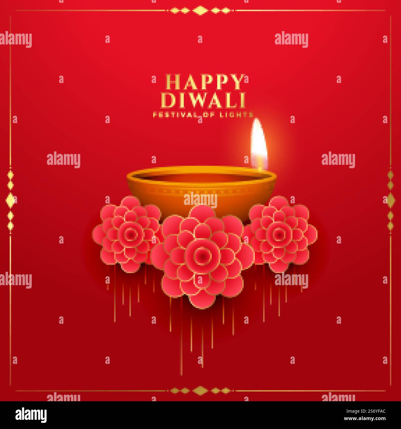 happy diwali red pooja background with realistic diya and flower Stock ...