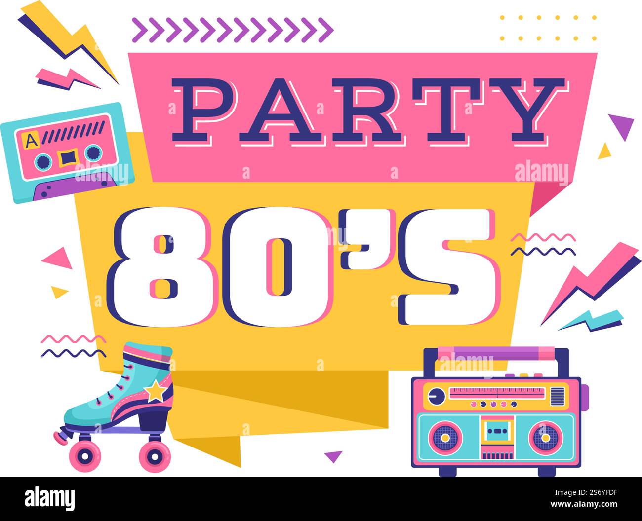 80s Party Cartoon Background Illustration with Retro Music, 1980 Radio ...