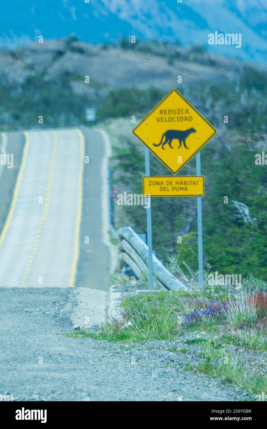 Warning signs for crossing puma's, Patagonia, Chile Stock Photo - Alamy