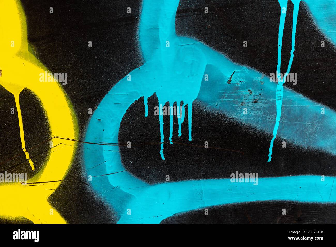 Abstract colorful graffiti fragment, black urban metal wall with bright ...