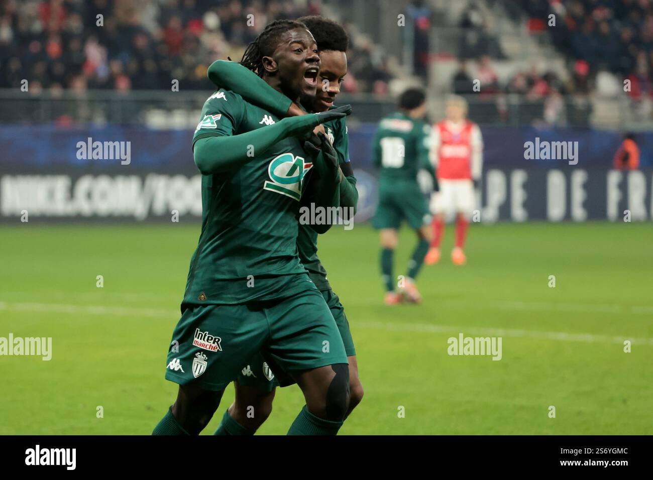 Reims, France. 14th Jan, 2025. Mohammed Salisu of Monaco celebrates his ...
