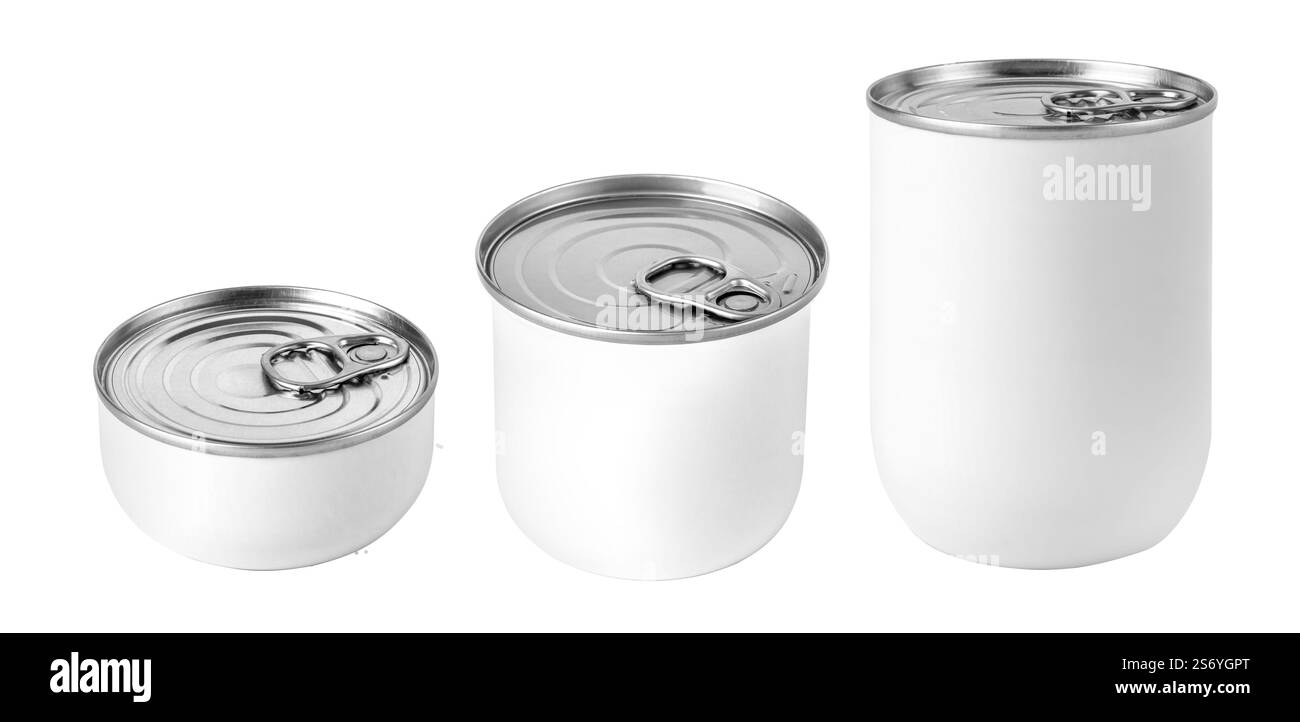 Cans with blank white label isolated on white. background Stock Photo ...