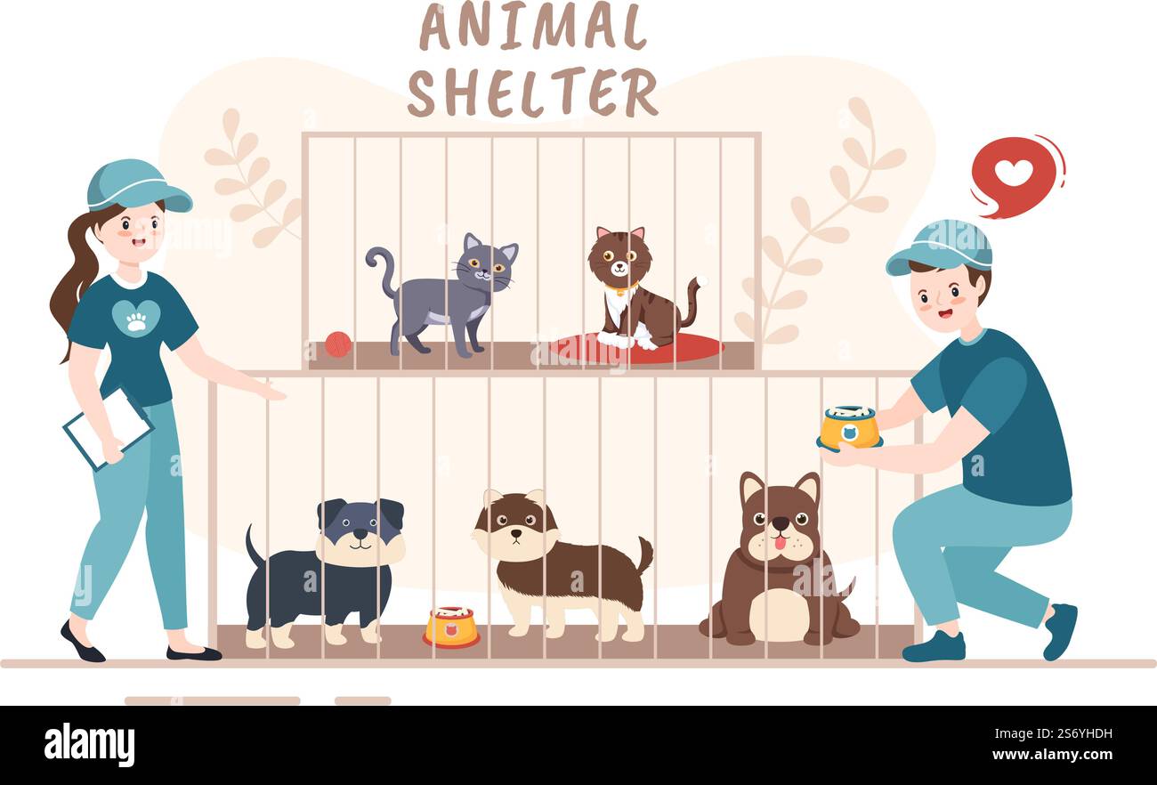 Animal Shelter Cartoon Illustration with Pets Sitting in Cages and ...