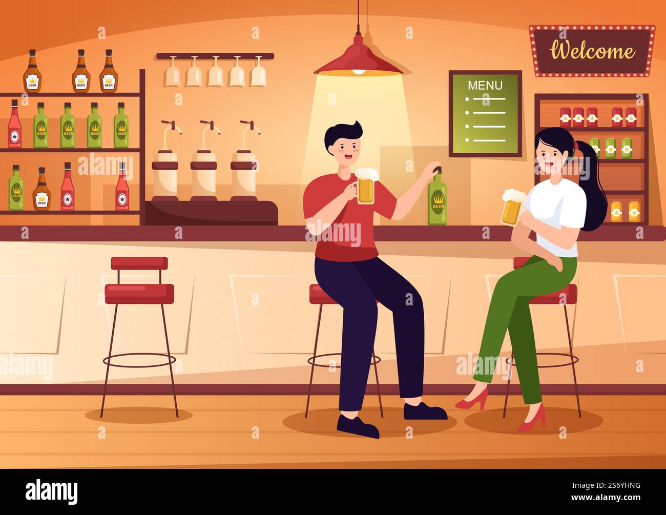 Bar or Pub at Evening with Alcohol Drinks Bottles, Bartender, Table ...