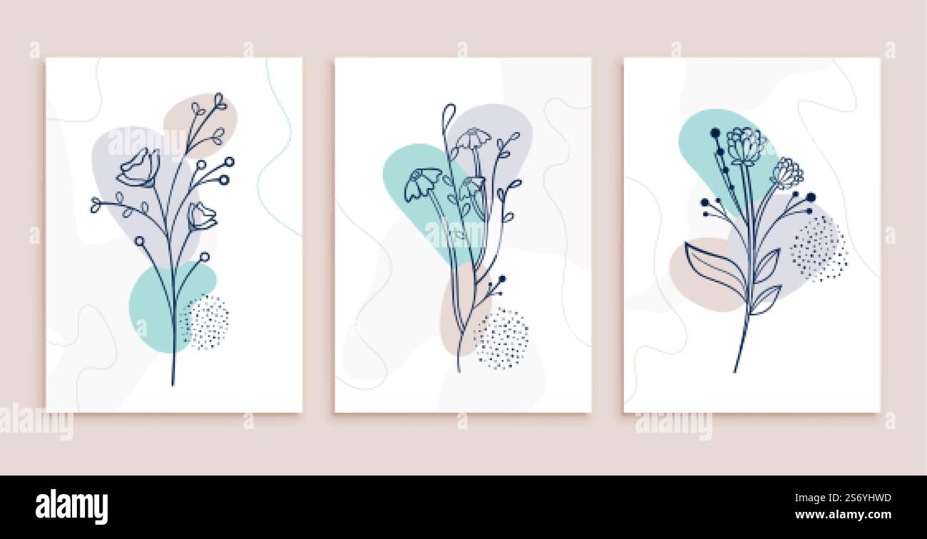 minimalist abstract flowers and leaves line art posters design Stock ...