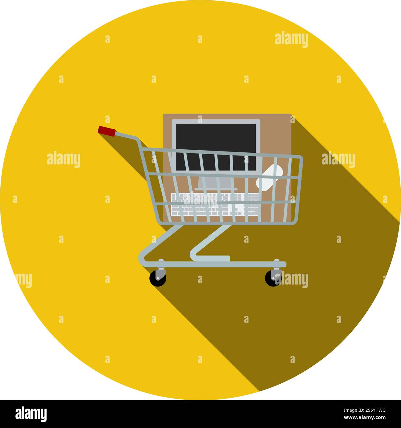 Shopping Cart With PC Icon. Flat Circle Stencil Design With Long Shadow ...