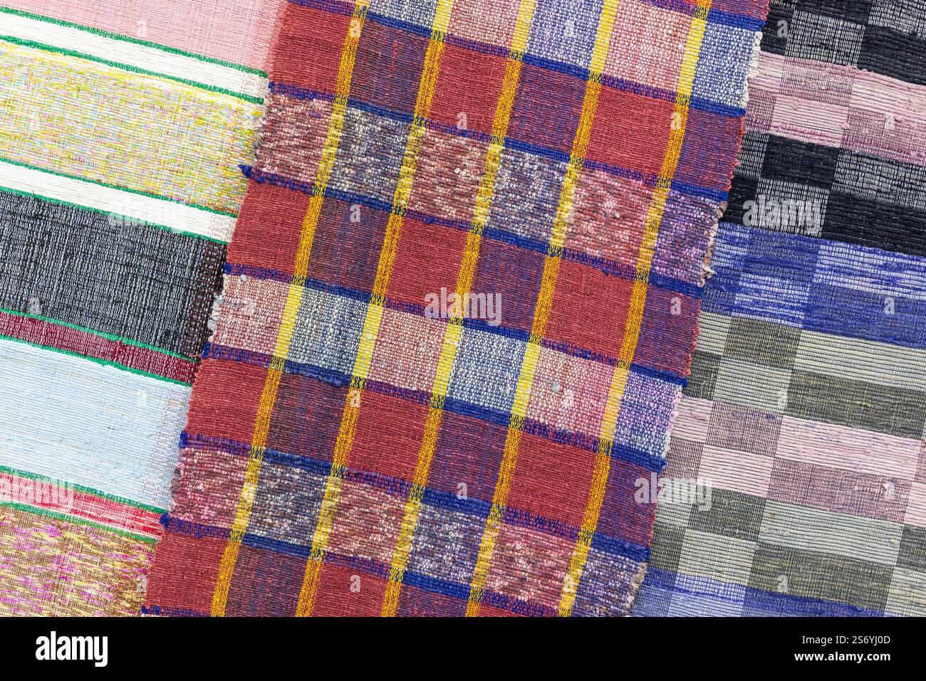 Assortment of fabrics with checkered patterns, colorful background ...