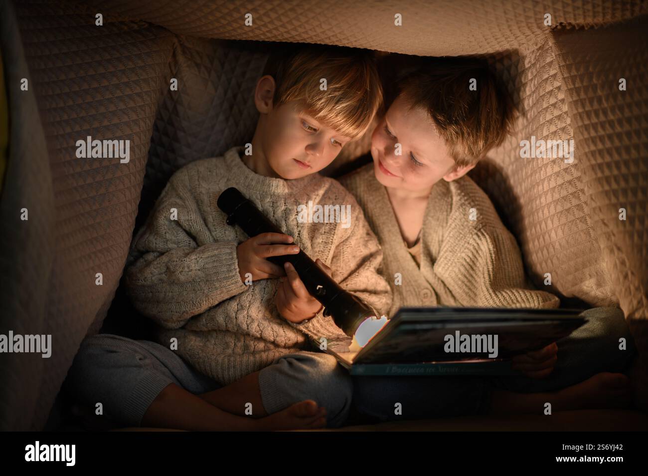 Two boys are sitting under a cozy blanket, using a flashlight to read a ...