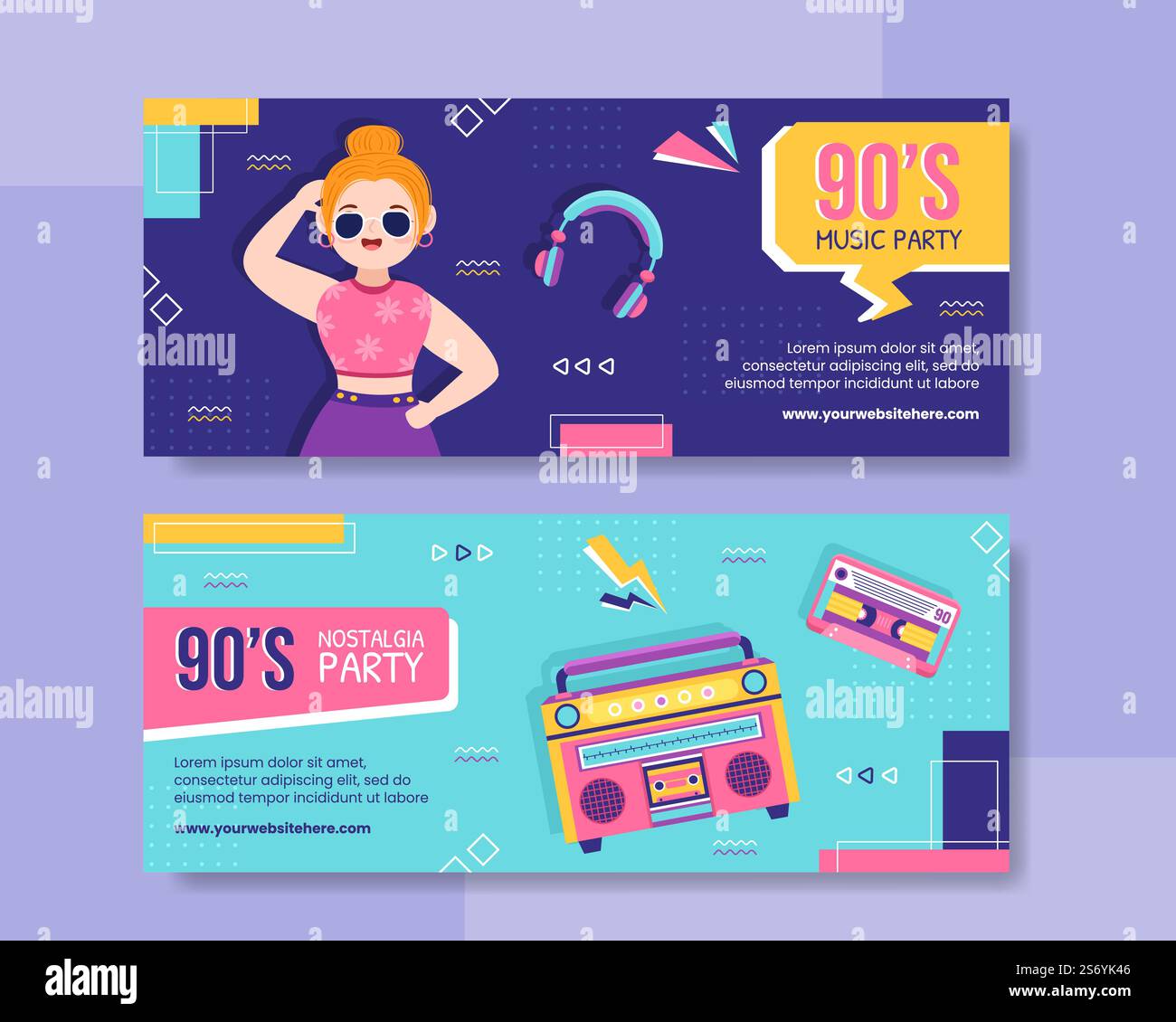 90s Retro Party Horizontal Banner Template Flat Cartoon Background ...