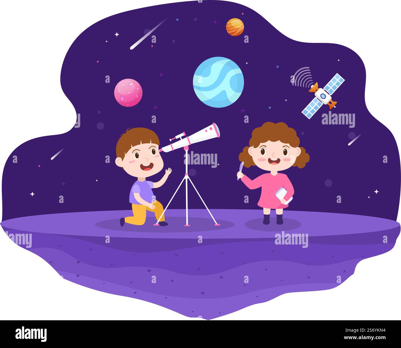 Astronomy cartoon illustration with cute kids watching night starry sky ...