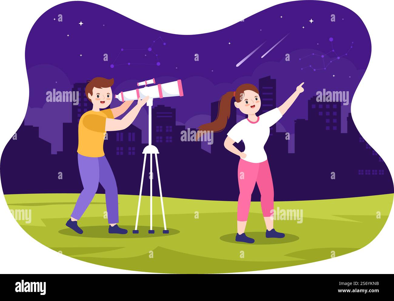 Astronomy Cartoon Illustration with People Watching Night Starry Sky ...