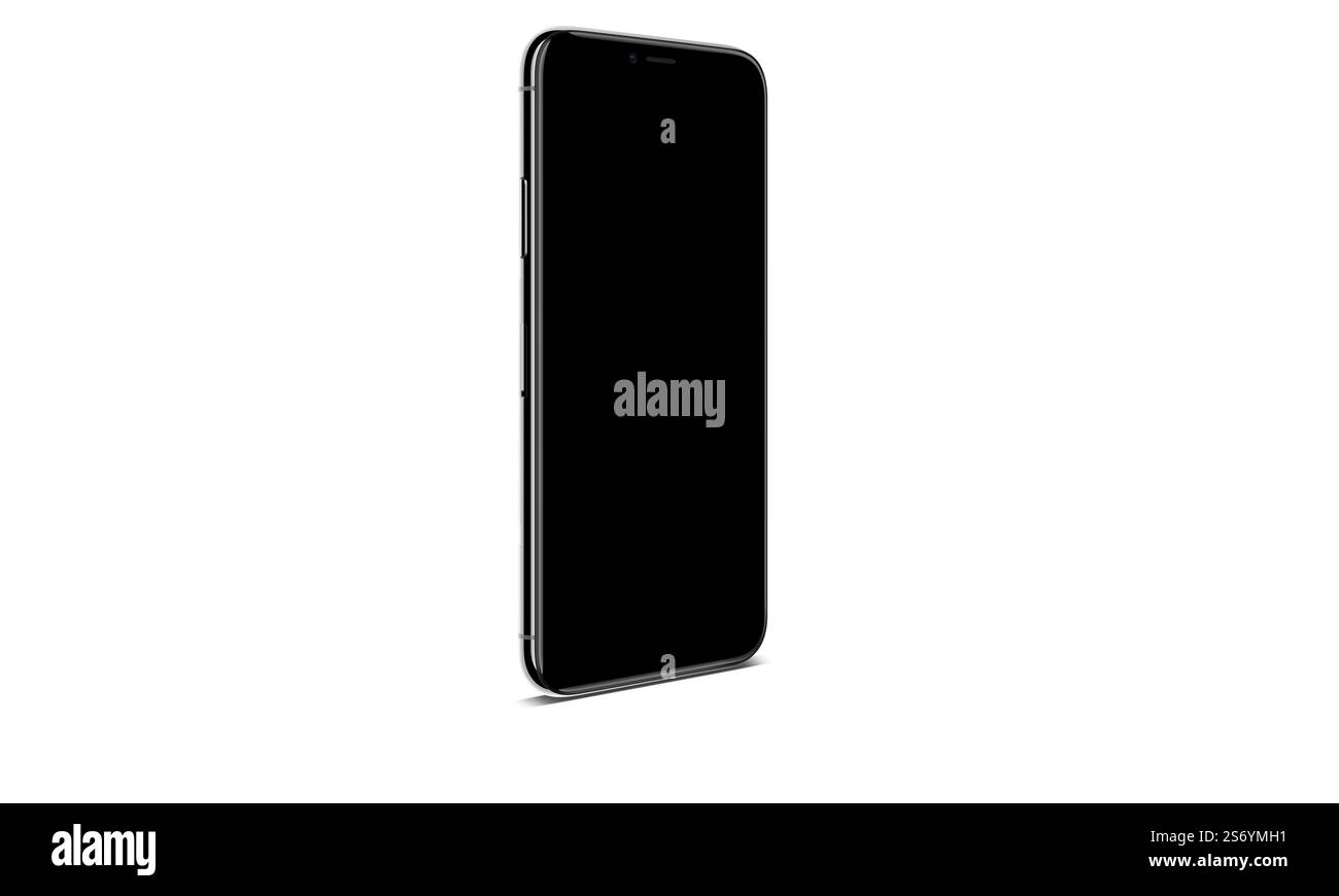 A vertically standing black smartphone with a black blank screen and a ...