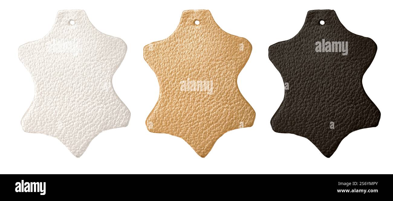 Three Leather tags or label on white background Stock Photo - Alamy