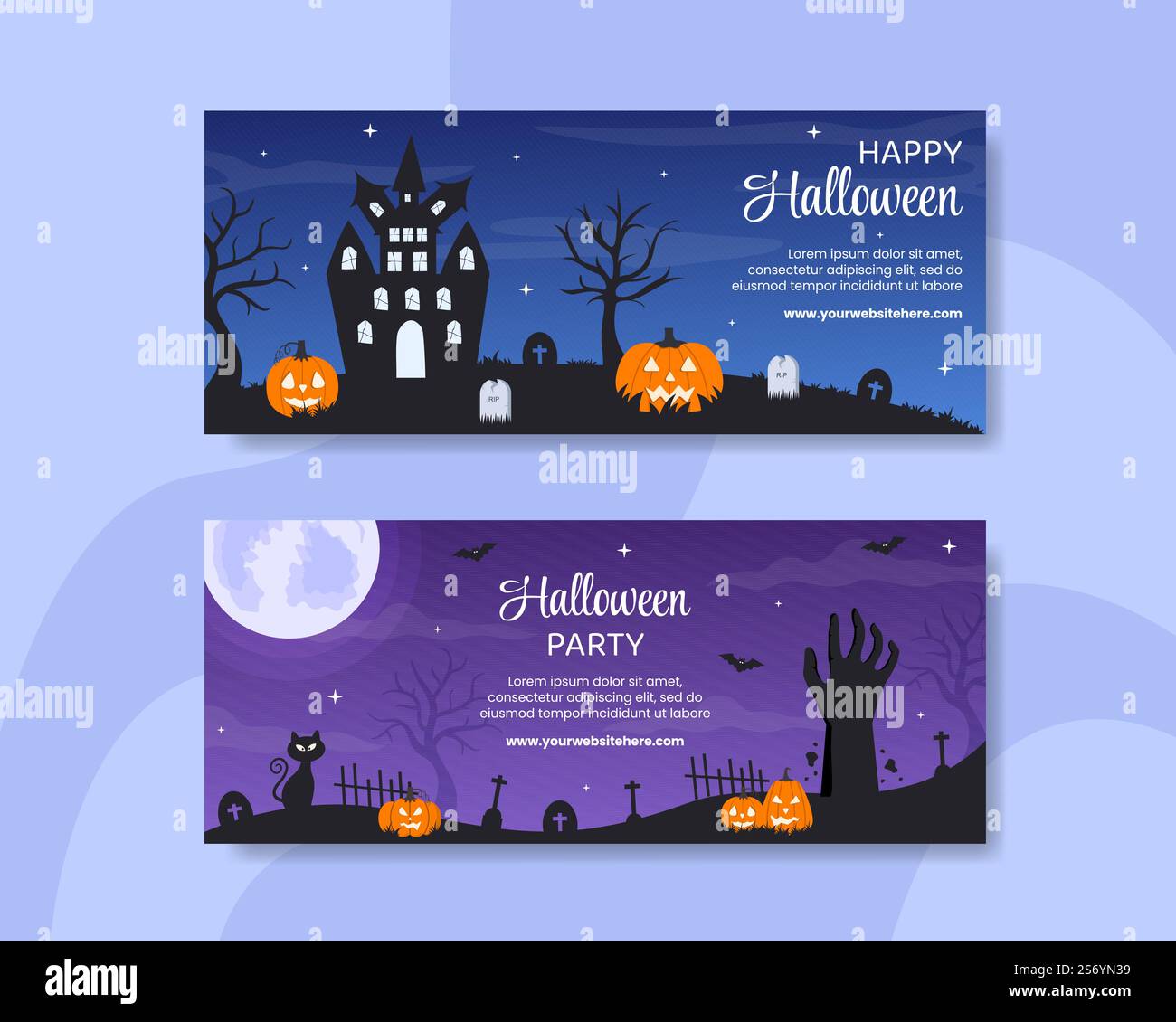 Halloween Night Party Horizontal Banner Template Hand Drawn Cartoon ...