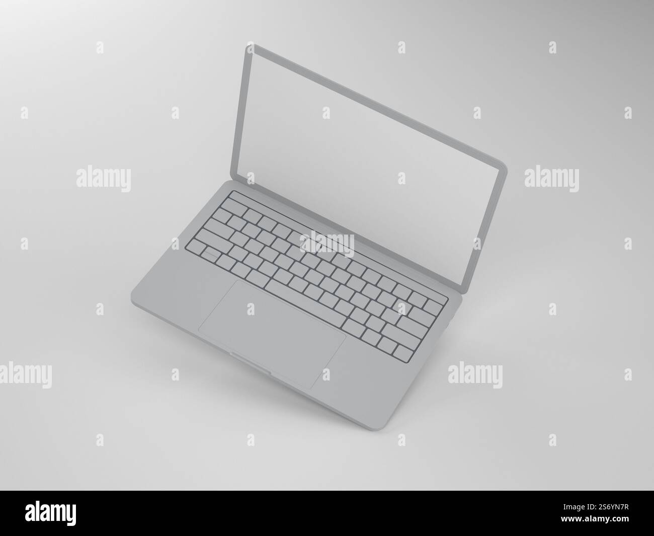 The raised top is an open thin gray laptop with a blank screen on a ...