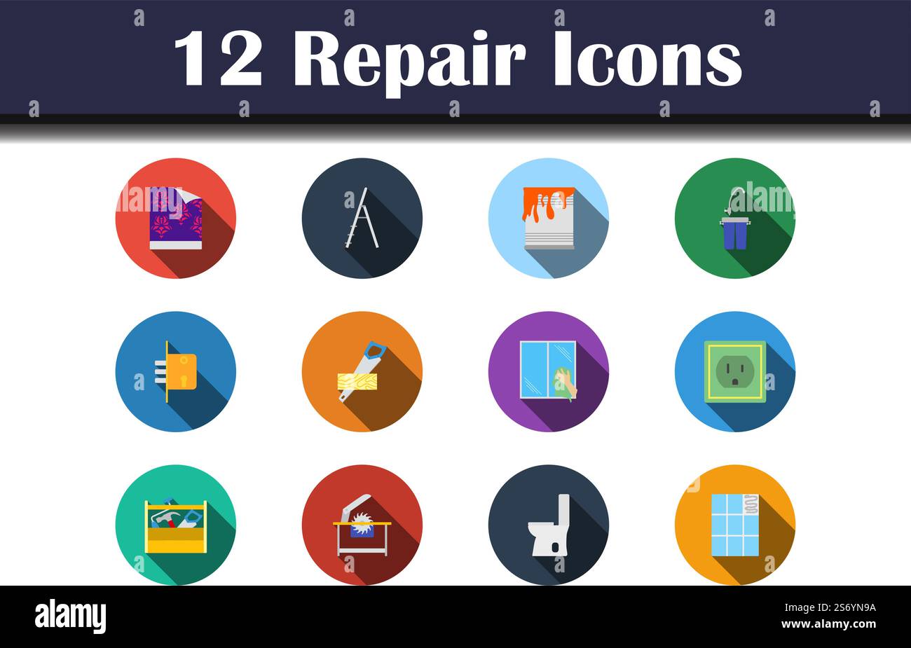 Repair Icon Set. Flat Design With Long Shadow. Vector illustration ...