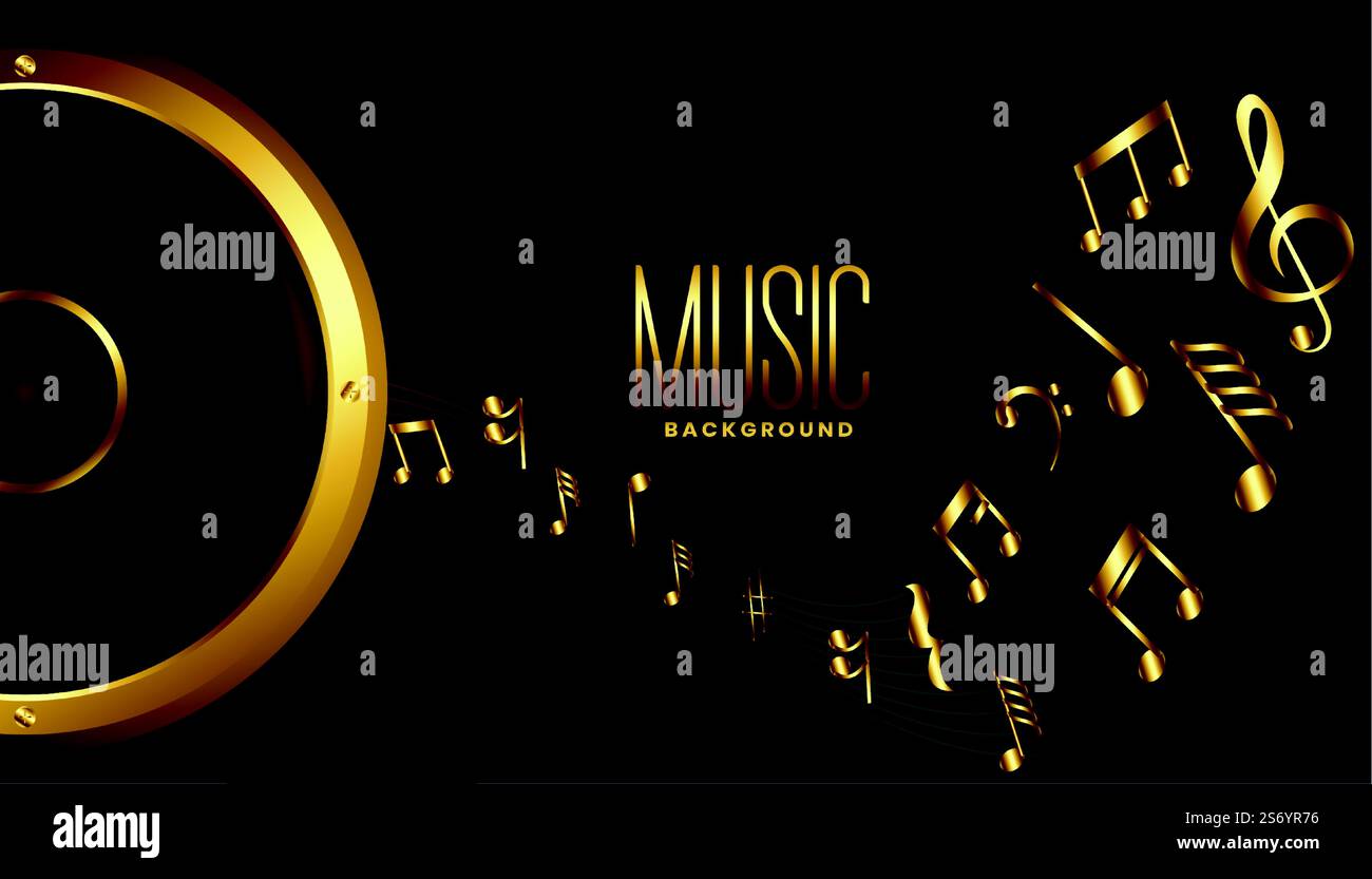 golden music speaker with sound notes wave background Stock Vector ...