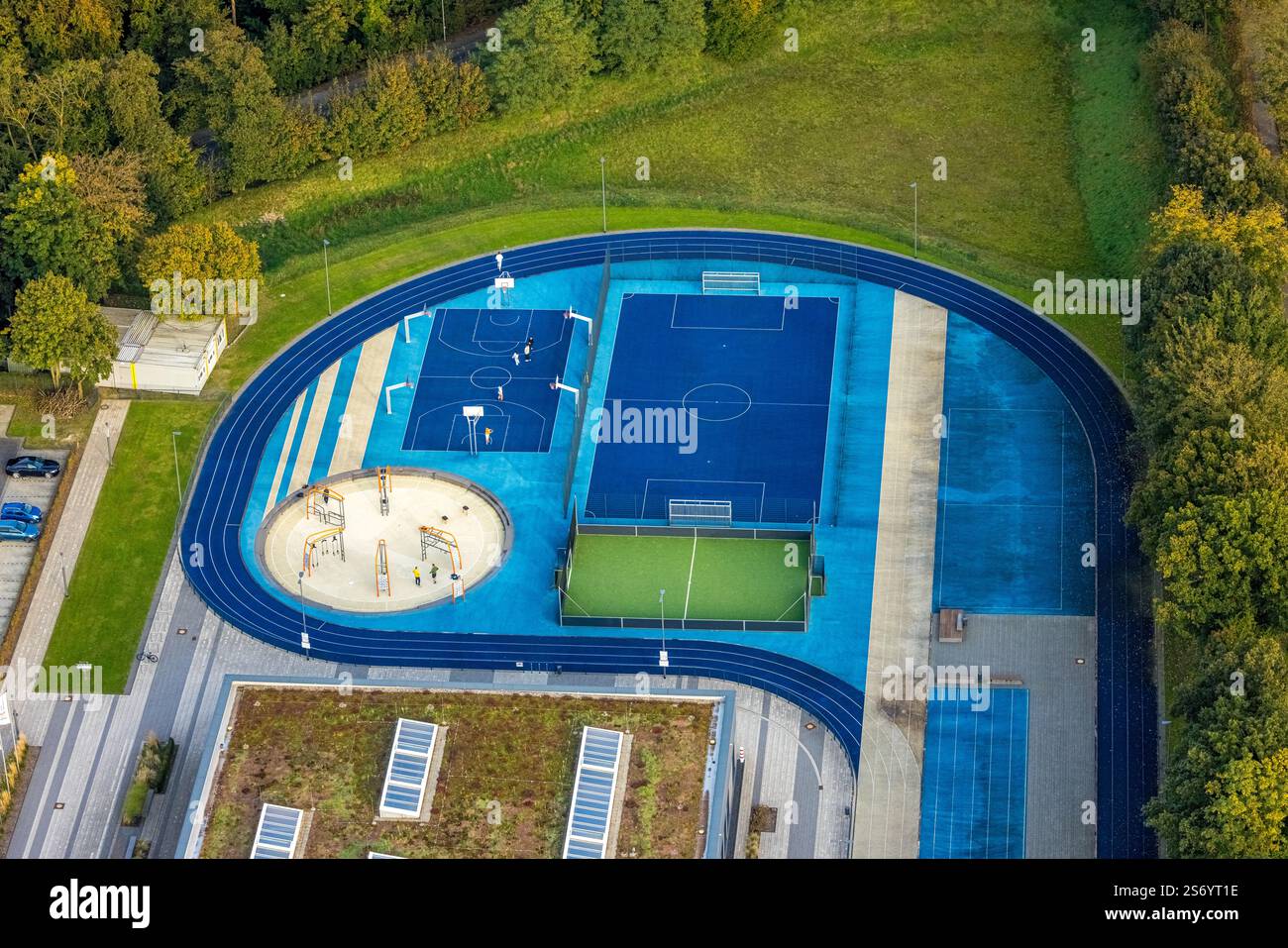 Aerial view, basketball court and playground at the vocational college ...