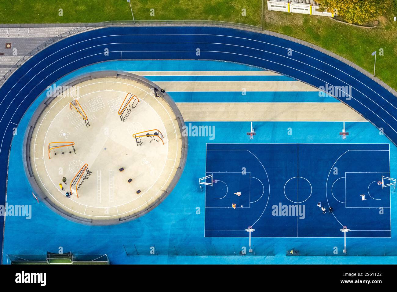 Aerial view, basketball court and playground at the vocational college ...