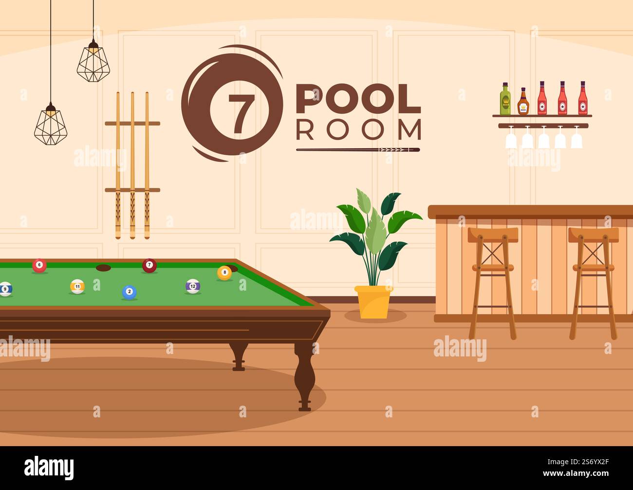 Billiards Game Hand Drawn Cartoon Flat Background Illustration with ...