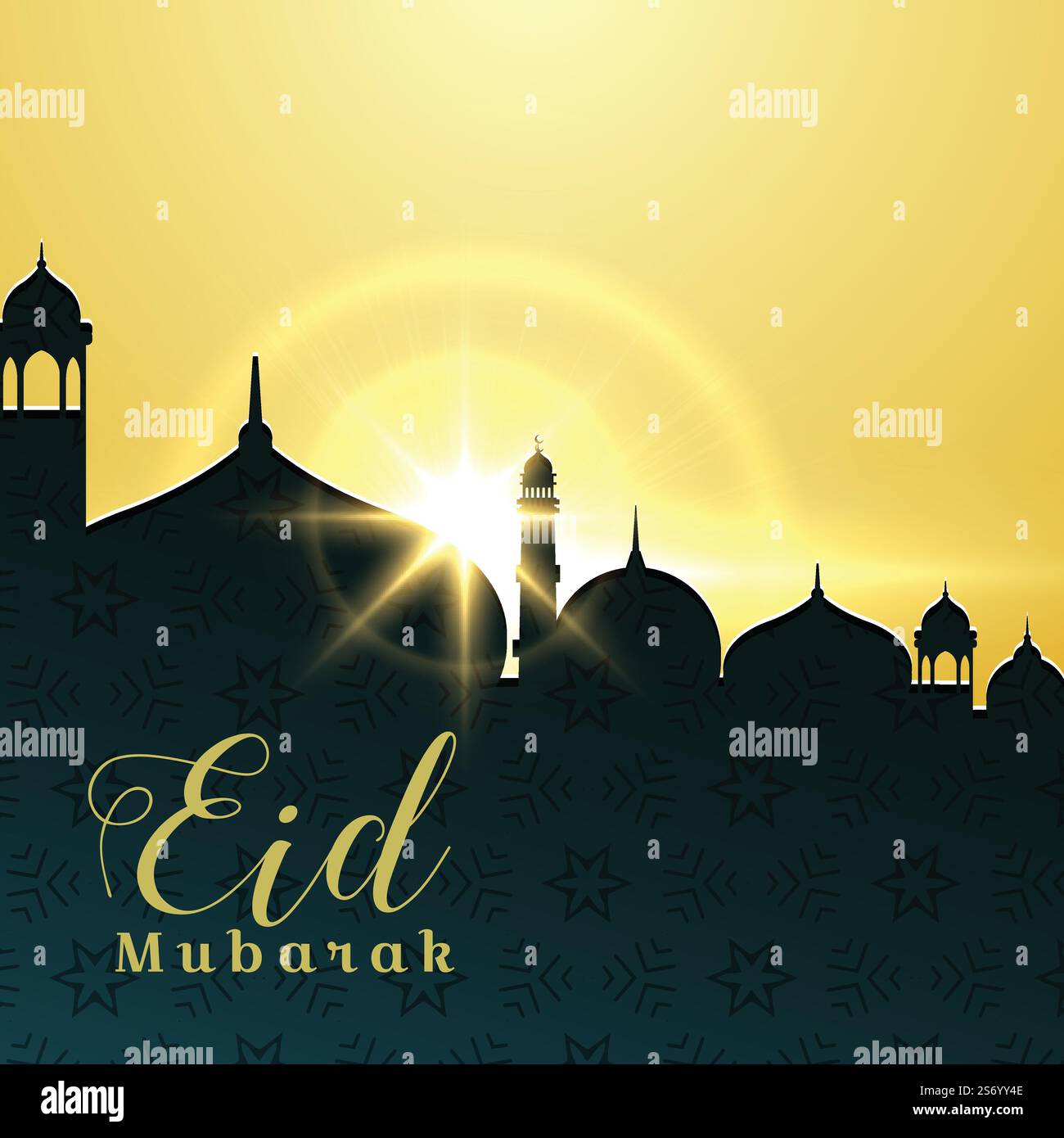 eid mubarak greeting card design with mosque and rising sun Stock ...