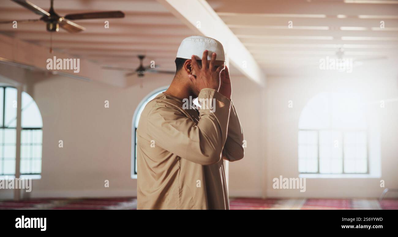 Religion, mosque and Muslim man for praying, worship and faith in ...