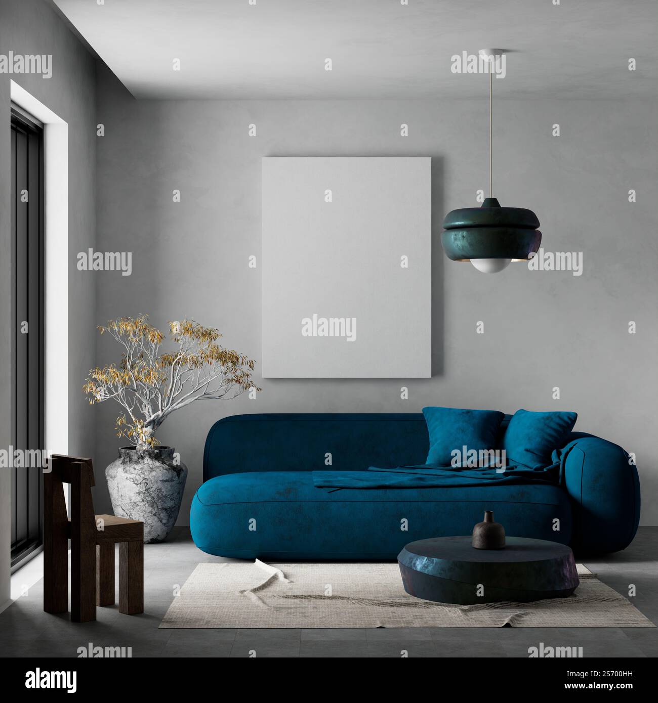 living room interior mock up with modern furnitures. Poster frame mock ...
