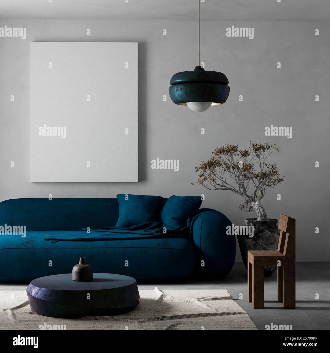 living room interior mock up with modern furnitures. Poster frame mock ...