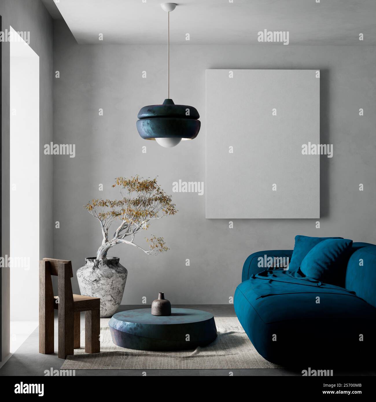 living room interior mock up with modern furnitures. Poster frame mock ...