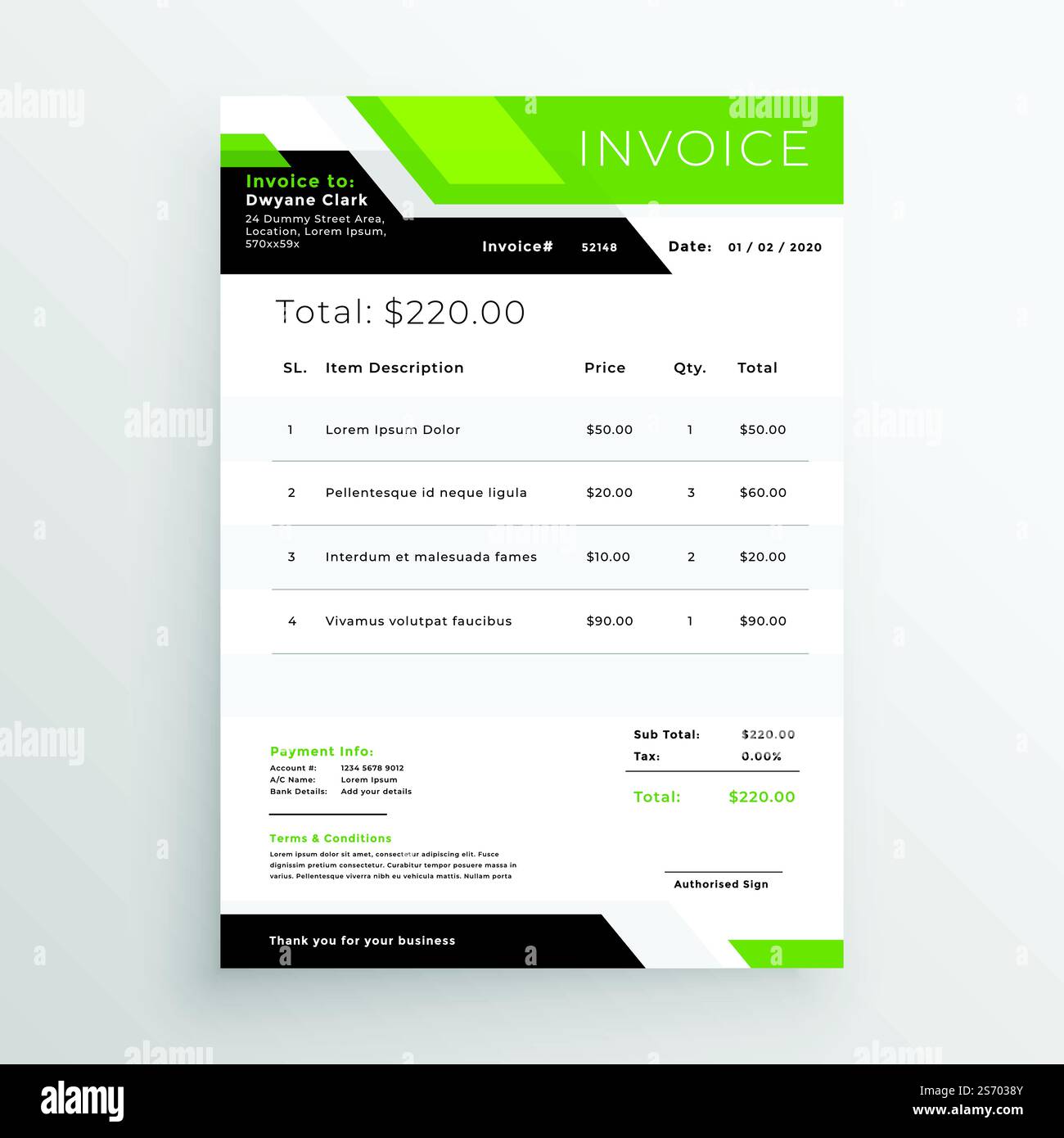 green business invoice template design Stock Vector Image & Art - Alamy