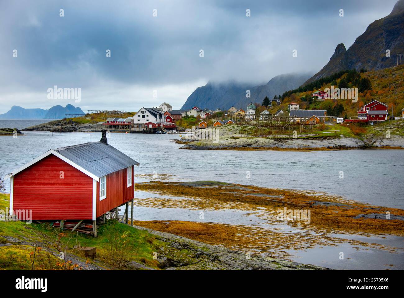 Traditional Rorbu House in the Town of Tind - Lofoten - Norway Stock ...
