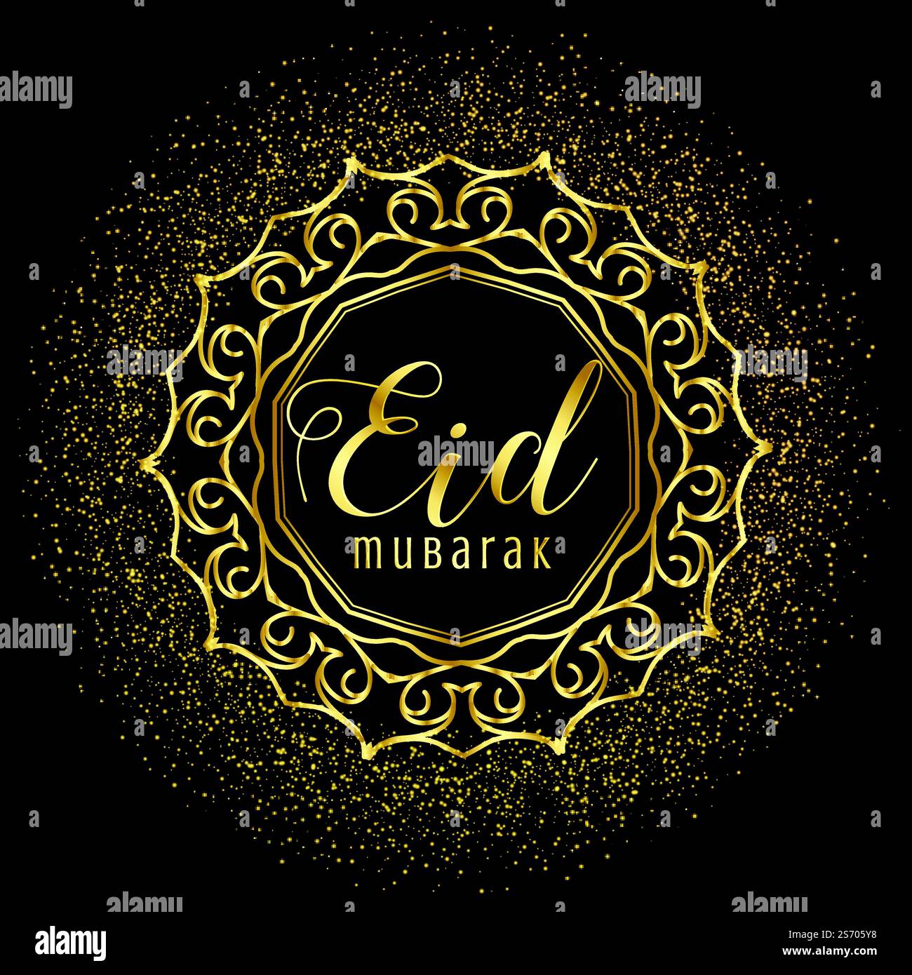 eid mubarak greeting with golden mandala decoration and glitter Stock ...