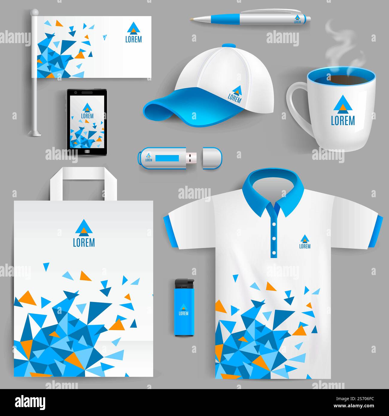 Corporate identity ad objects in blue abstract geometric design ...