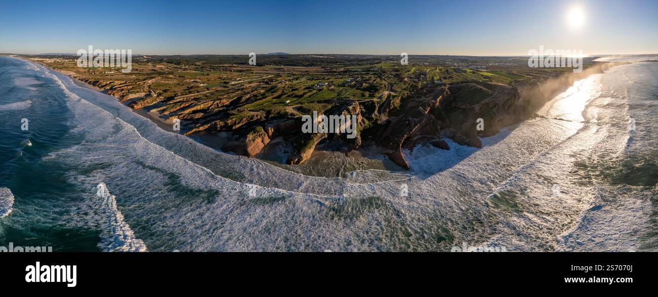 Aerial view of Praia da Almagreira near Peniche, Ferrel in Portugal ...