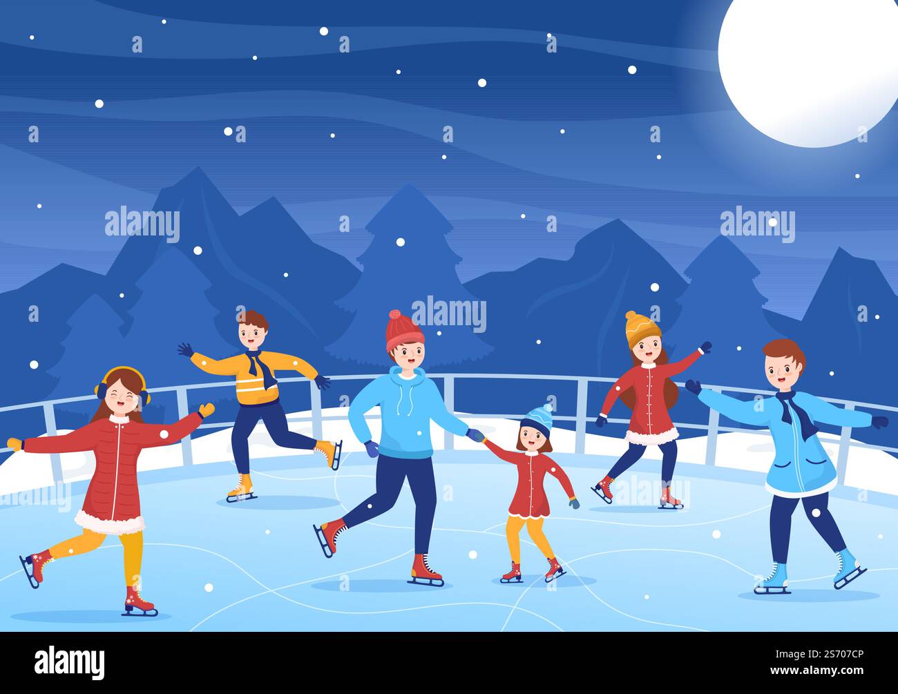Ice Skating Hand Drawn Cartoon Flat Illustration of Winter Fun Outdoors ...