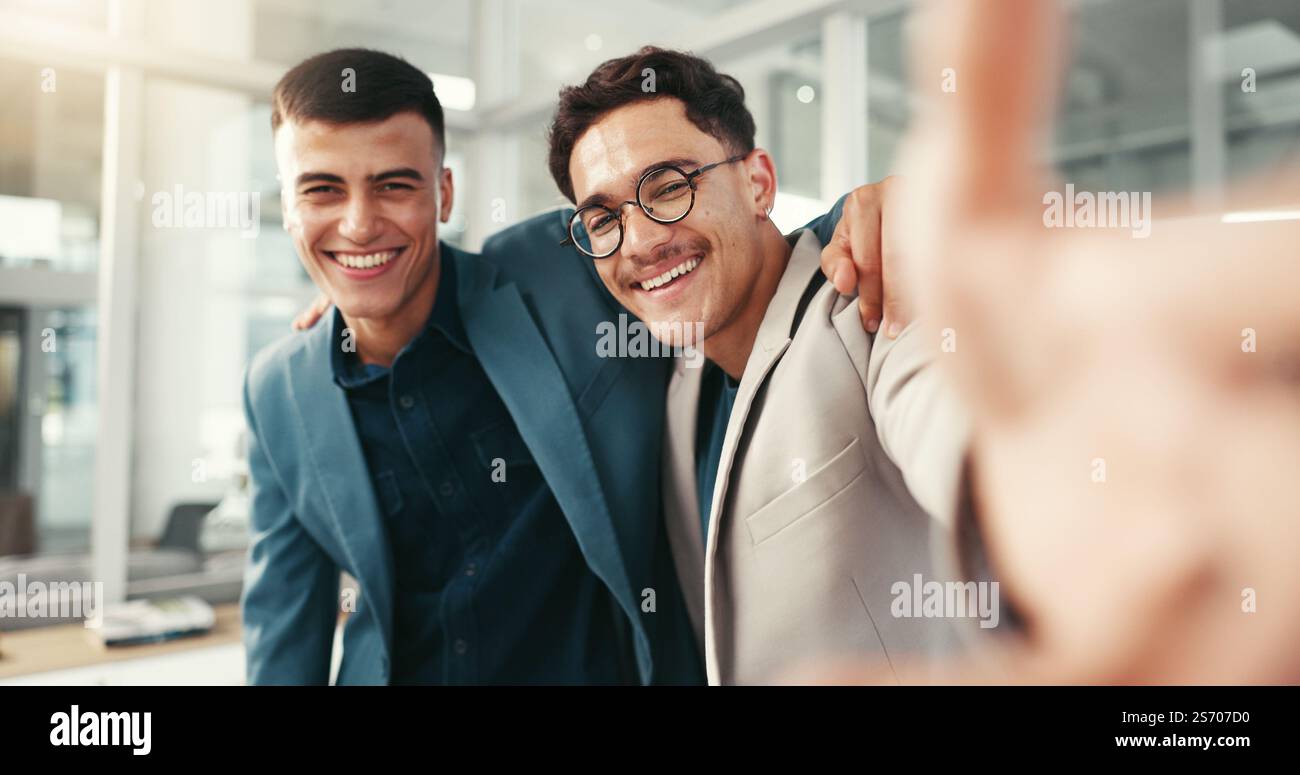 Business, selfie and smile of men friends in office together for social ...