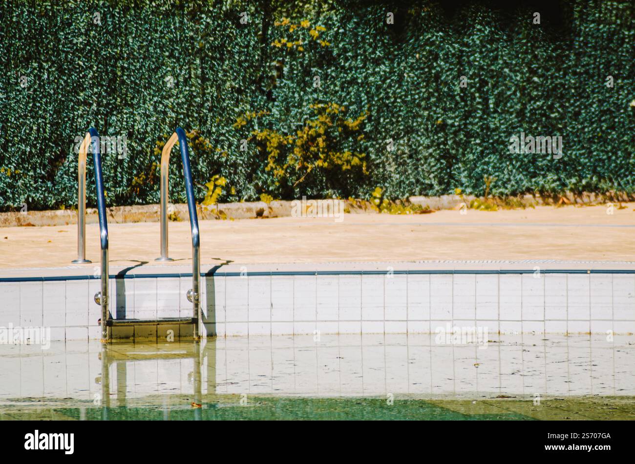 ladder of dirty swimming pool with draining water before cleaning for ...