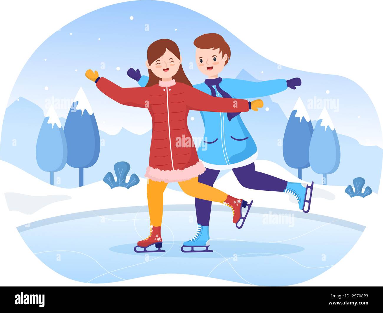 Ice Skating Hand Drawn Cartoon Flat Illustration of Winter Fun Outdoors ...