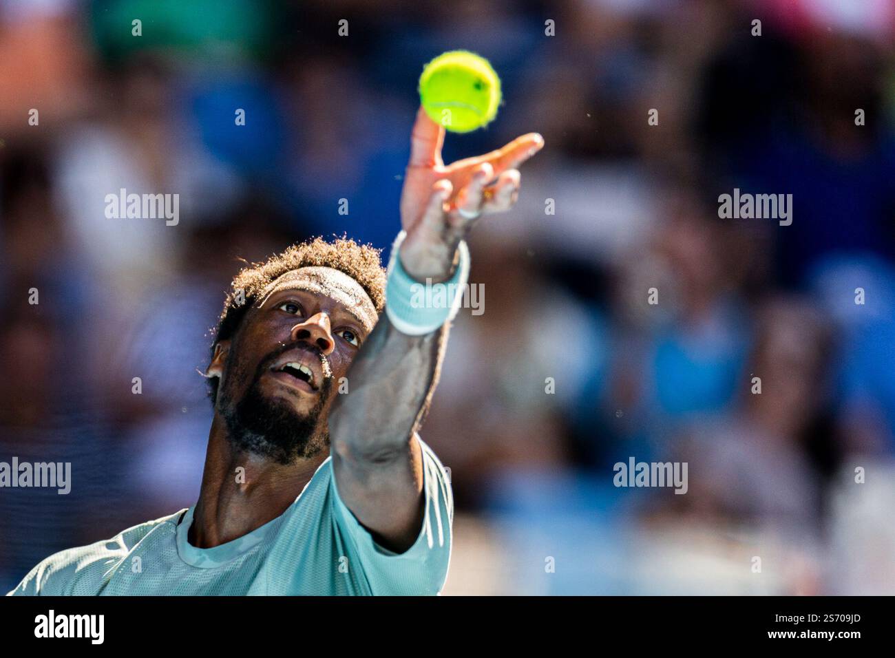 Melbourne, Australia. 18th Jan, 2025. Gael Monfils serves during the men's singles 3rd round ...