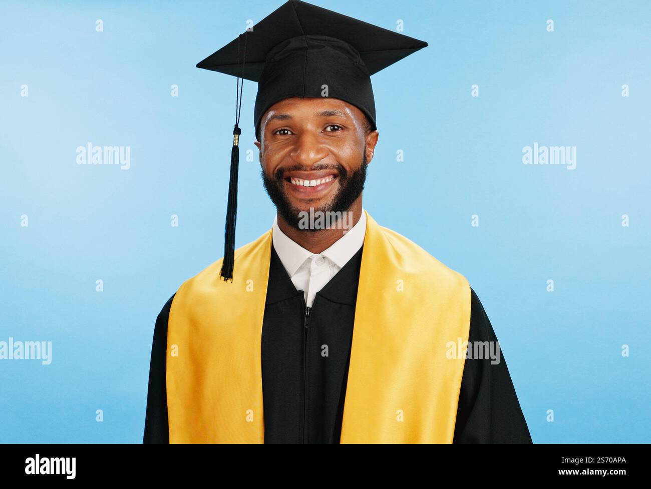 Portrait, university and black man with smile, graduation and education ...