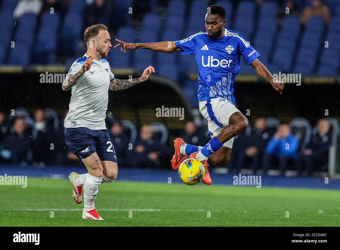 Rome, Italy. 10th Jan, 2025. Manuel Lazzari of Lazio and Alie Fadera of Como seen in action ...
